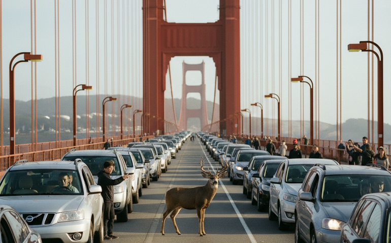 Cervo americano atravessa a Golden Gate e para o trânsito na Califórnia